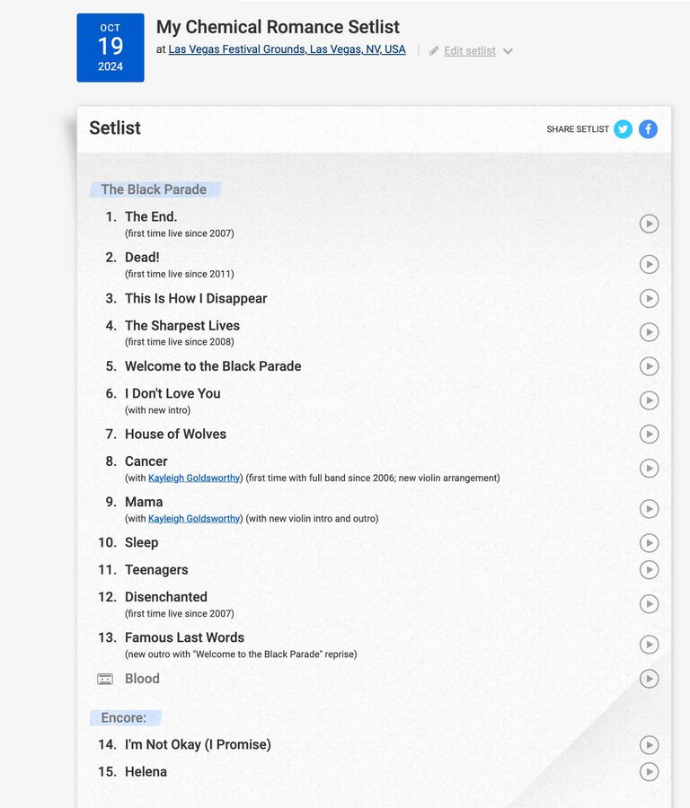 My Chemical Romance Plays 'Black Parade' in its Entirety in Vegas | setlist.fm
